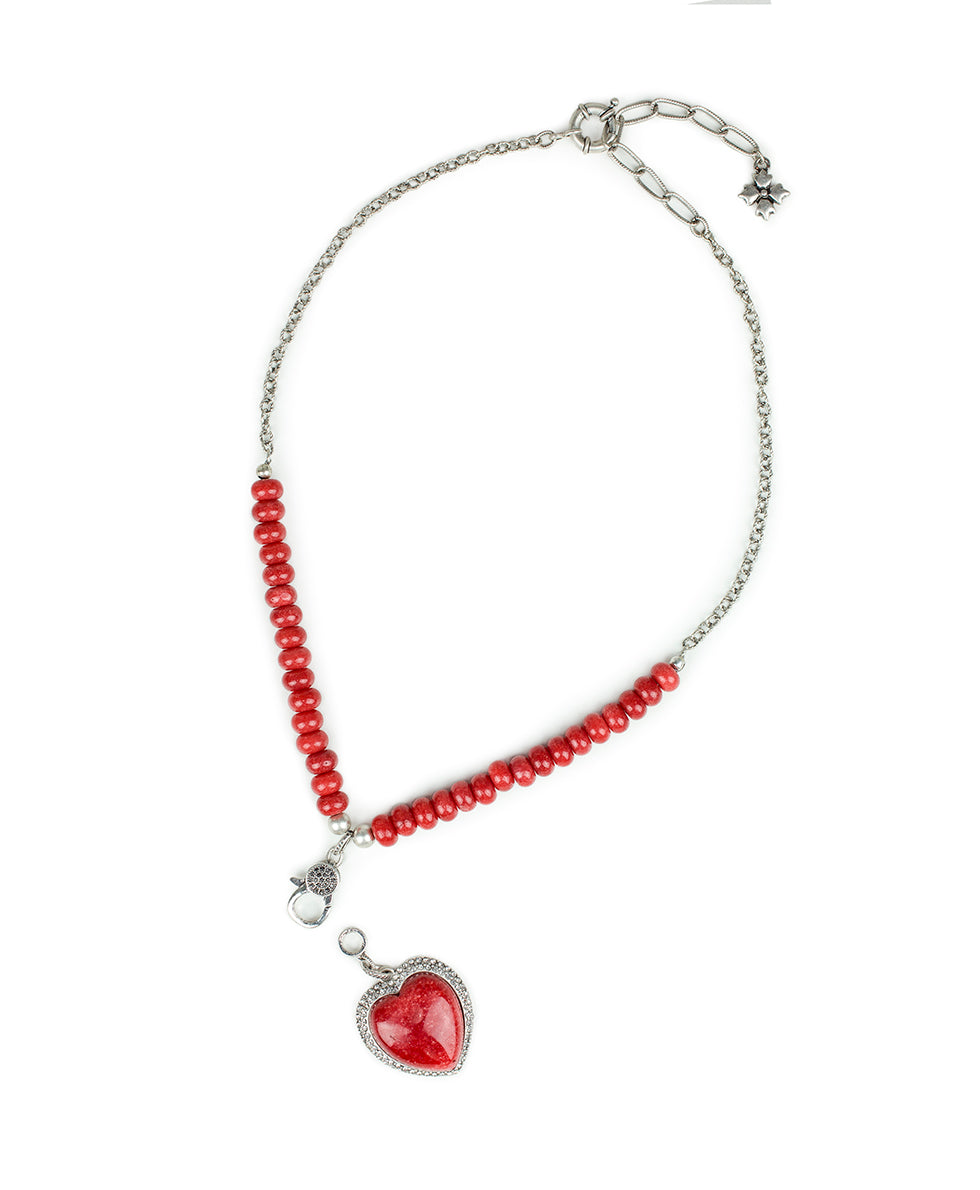 Patricia Nash Red Stone Heart Pave Accent Short Pendant Necklace Red Silver